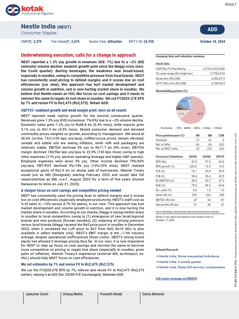 1 Nestle India 18oct24 Kotak Inst | PDF | Nestlé | Net Income