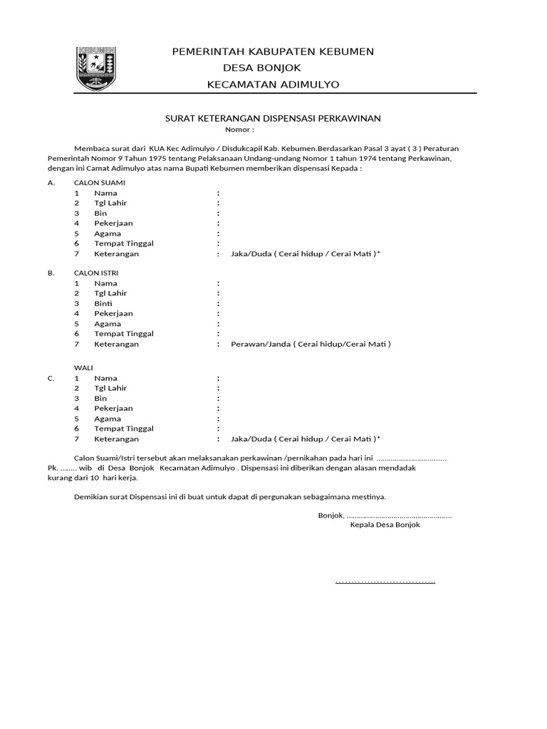 Blangko Dispensasi Pernikahan | PDF