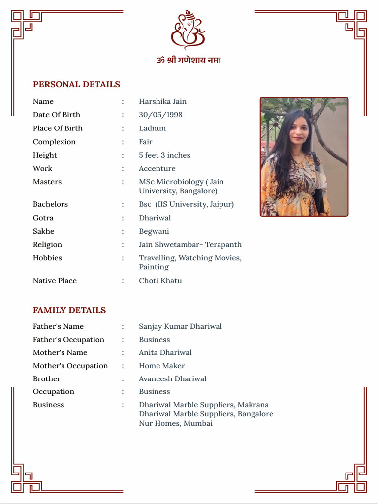 Harshika Jain Biodata | PDF