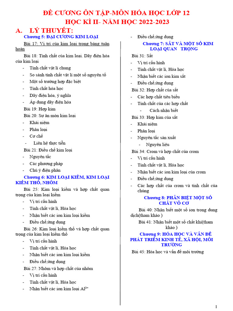 ĐỀ CƯƠNG ÔN TẬP LÝ THUYẾT HÓA 12 HK2 - ĐỀ BÀI | PDF
