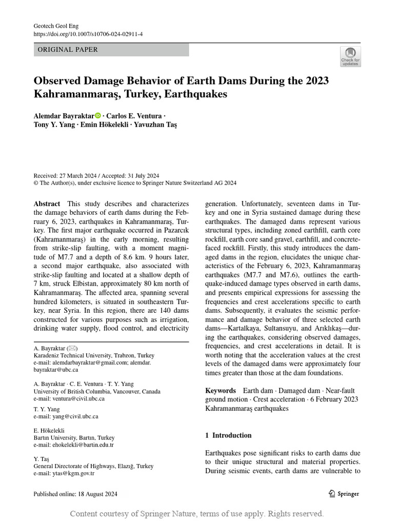 Observed Damage Behavior of Earth Dams During The | PDF | Earthquakes ...