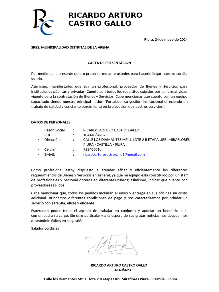 Carta de Presentacion Racg 2024 | PDF