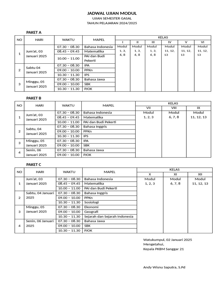 Jadwal Ujian Modul | PDF