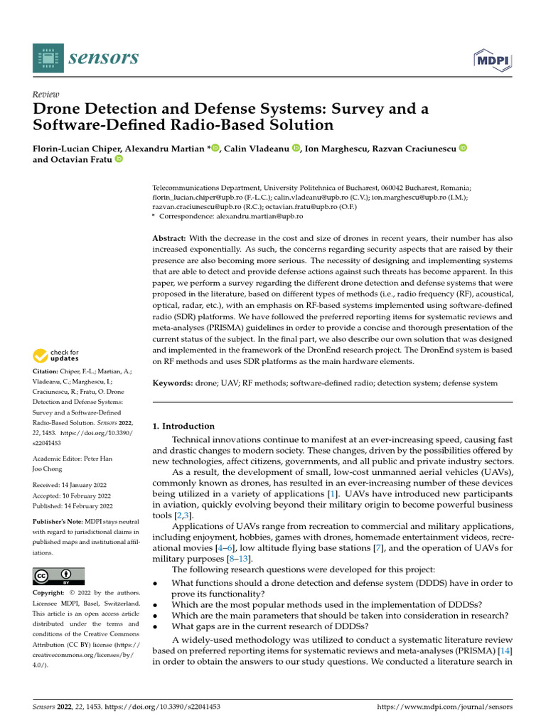 Drone Detection and Defense Systems Survey and A Software-Defined Radio ...