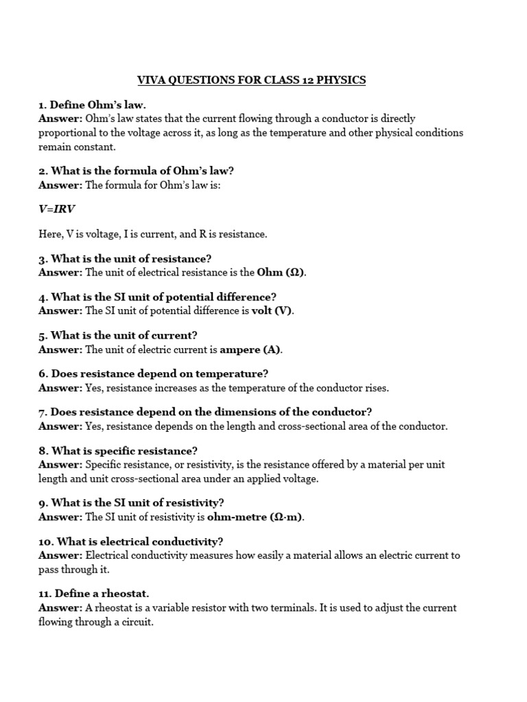 Class 12 Physics Viva Prep | PDF | Electrical Resistance And ...