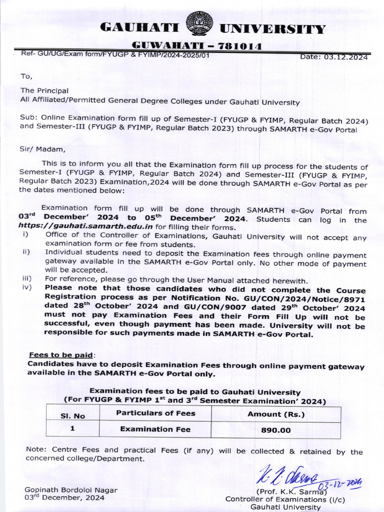 Fyugp 1st & 3rd Sem Exam Form Fill Up Notification | PDF | Payments