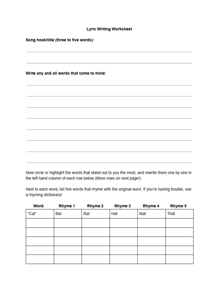 Lyric Writing Worksheet Revised | PDF