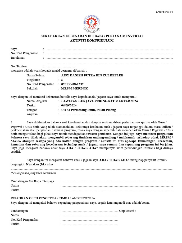 Borang Kebenaran MRSM PP | PDF