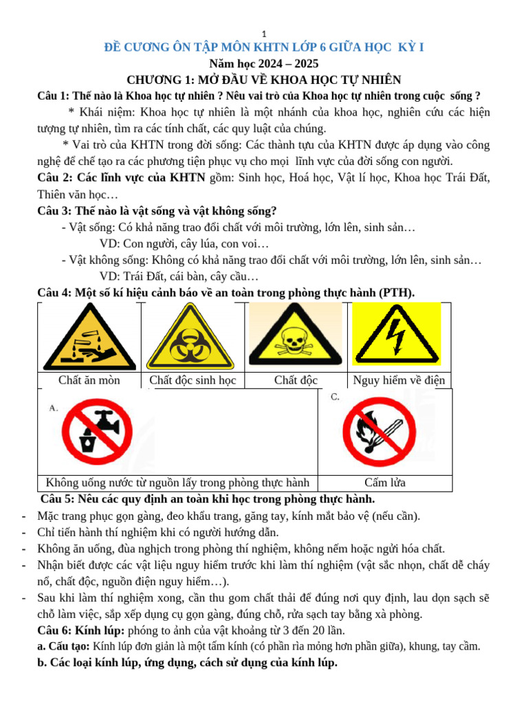 24 - 25 ĐỀ CƯƠNG KHTN 6 (Giữa KI) | PDF