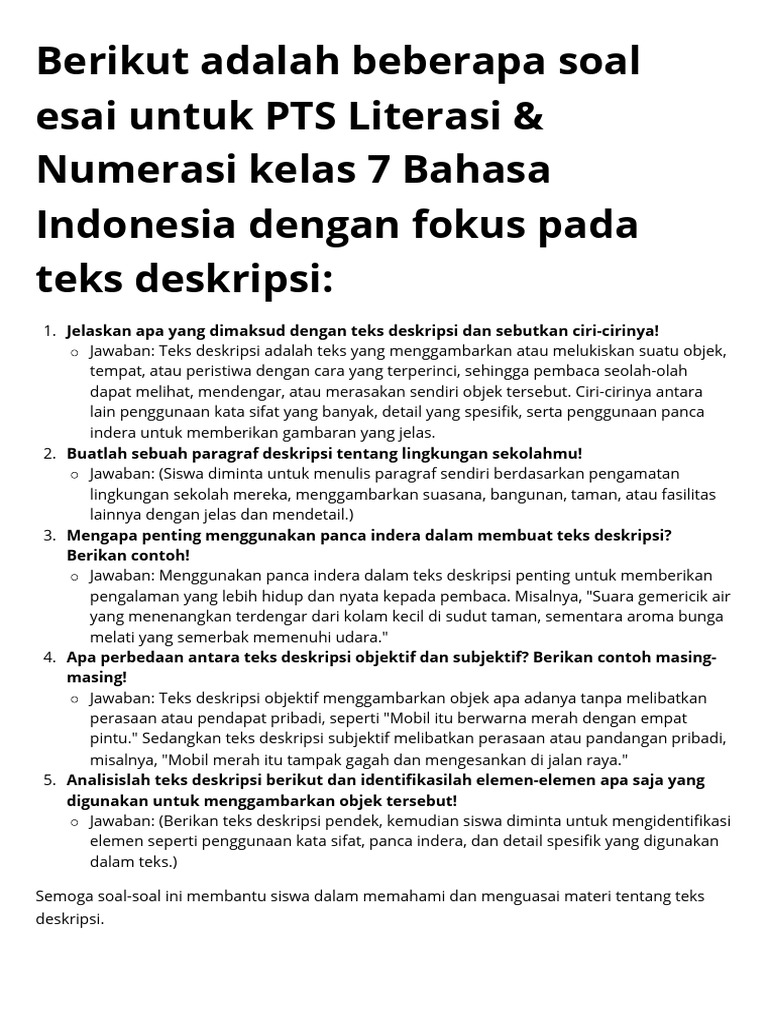 Soal Esai Teks Deskripsi Kelas 7 | PDF