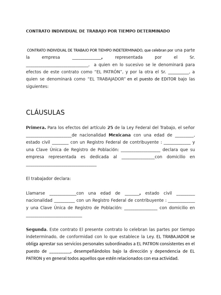 Plantilla de Contrato-por-tiempo-determinado-en-México | PDF | Salario ...