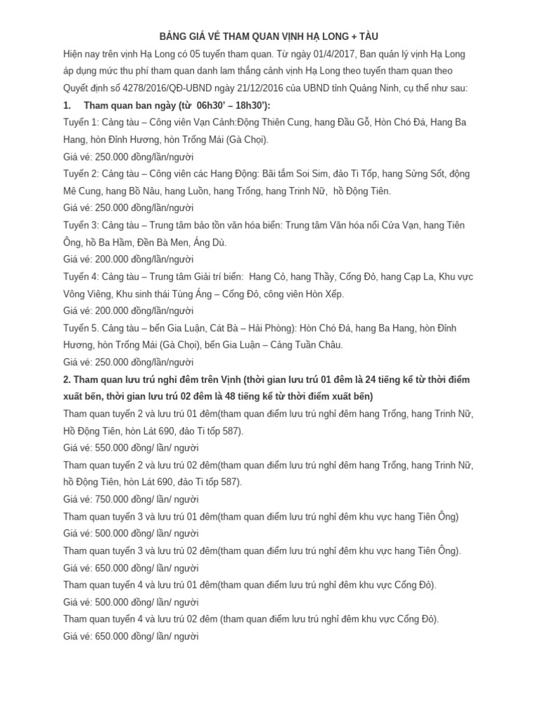 BẢNG GIÁ VÉ THAM QUAN VỊNH HẠ LONG | PDF
