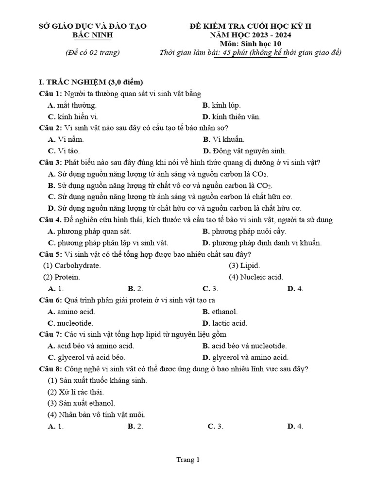 De Kiem Tra Cuoi Hoc Ki 2 Sinh Hoc 10 Nam 2023 2024 So GDDT Bac Ninh | PDF