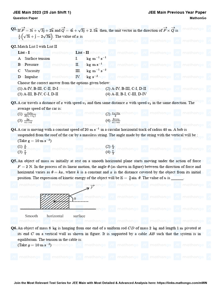 JEE Main 2023 (25 Jan Shift 1) Previous Year Paper With Answer Keys - MathonGo | PDF ...