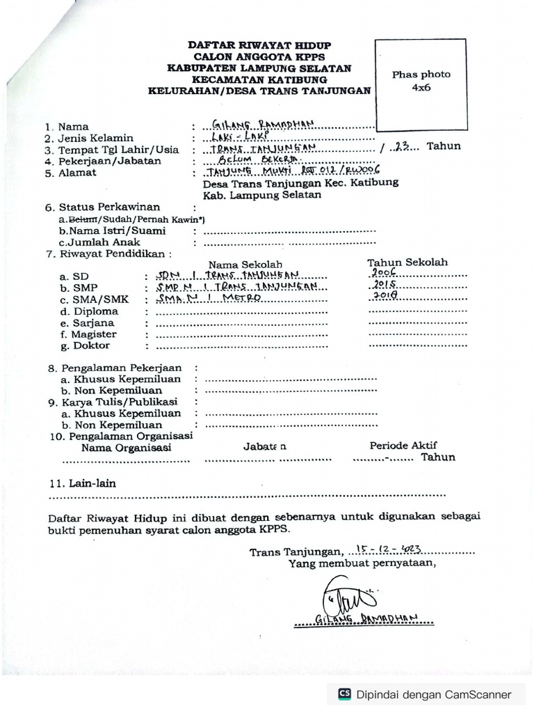 Daftar Riwayat Hidup Gilang | PDF