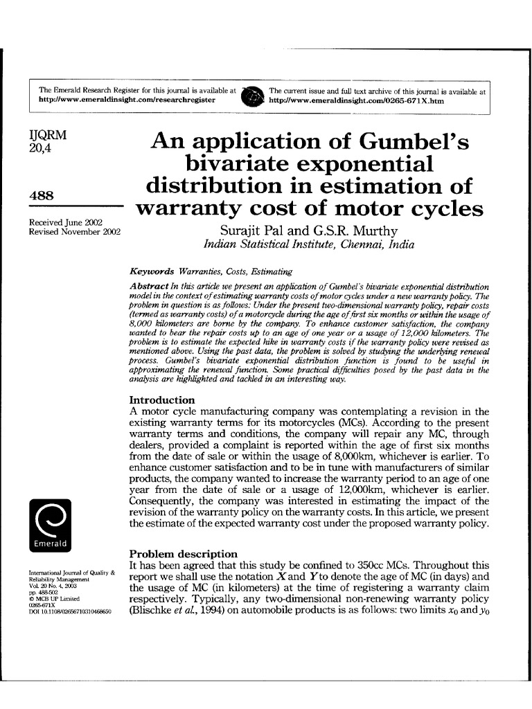 An Application of Gumbel's Bivariate Exponential Distribution in Estimation o | PDF