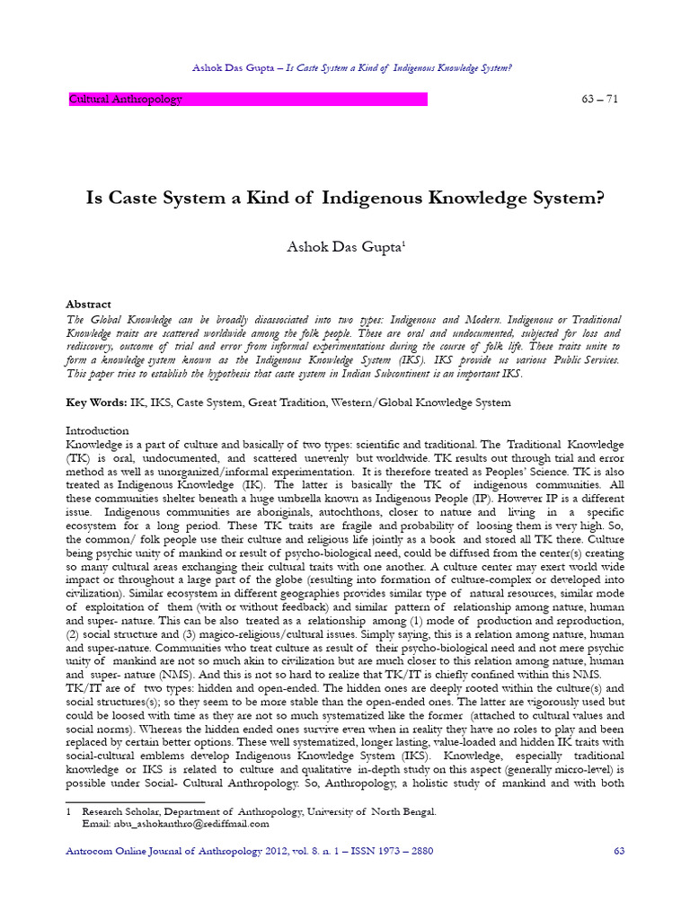 Ashok Das Gupta Is Caste System A Kind o | PDF | Caste | Dharma