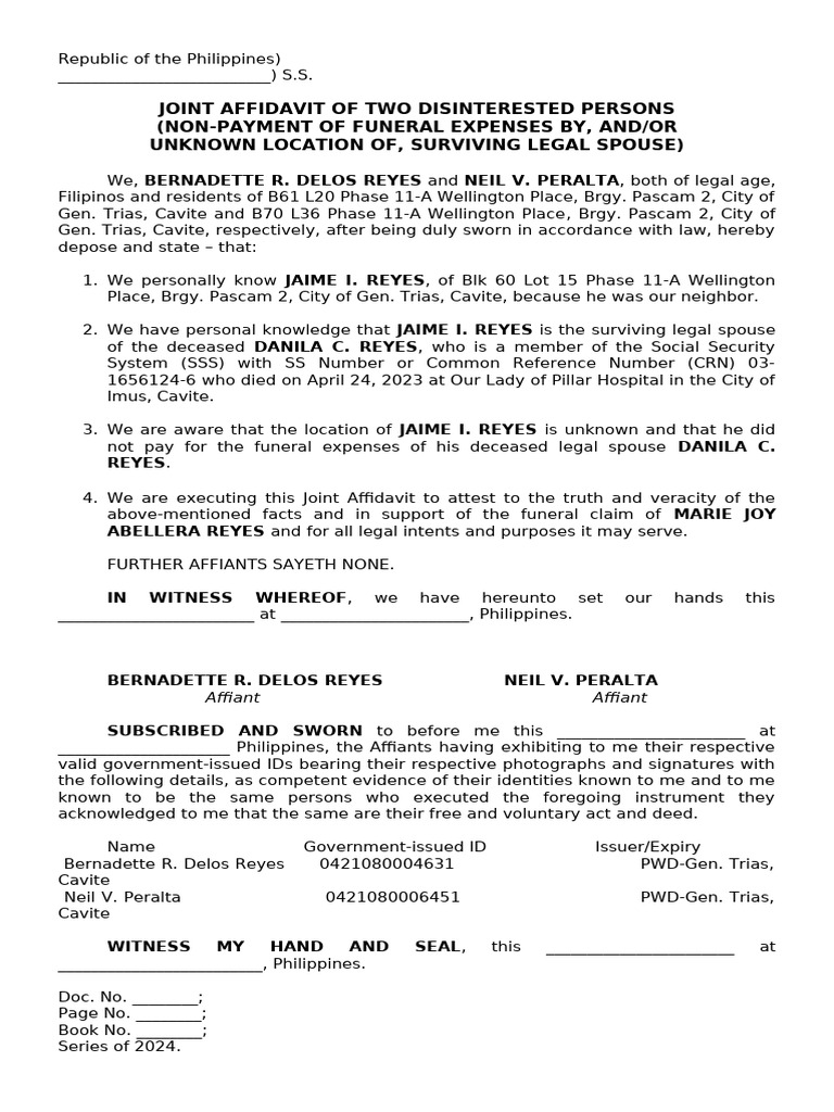 Affidavit of Two Disinterested Persons Funeral | PDF | Affidavit | Evidence