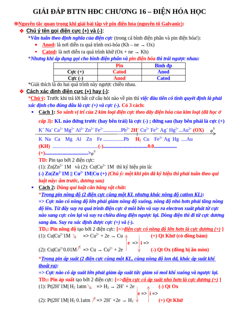 GIẢI ĐÁP BTTN HĐC CHƯƠNG 16 - ĐIỆN HÓA HỌC | PDF