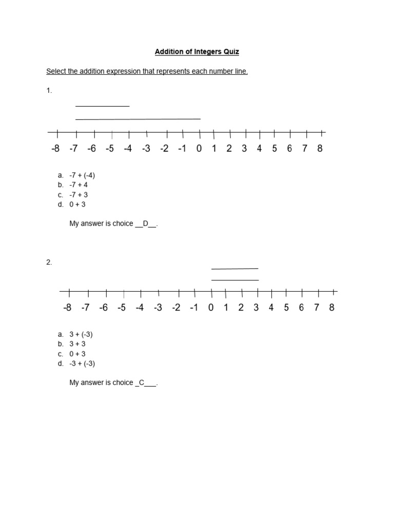 Olivier Estime - (Template) Addition of Integers Quiz | PDF