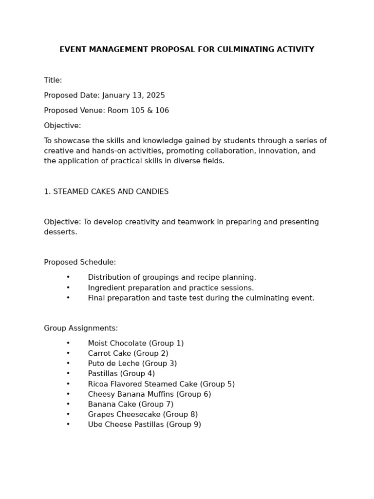 Epp 1 Event Management Proposal For Culminating Activity | PDF | Desserts | Fruit Preserves