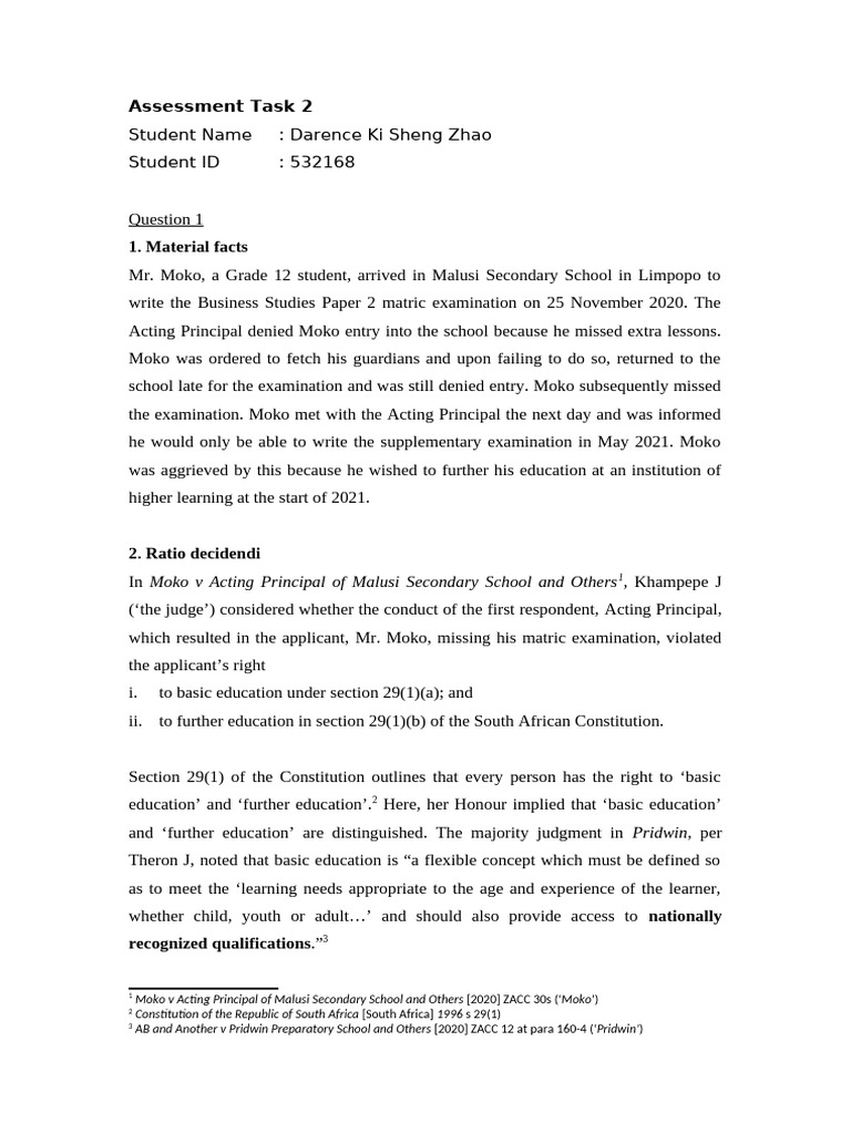 Assessment Task 2 Case Analysis (ID 532168) | PDF | Reason | Judgment (Law)