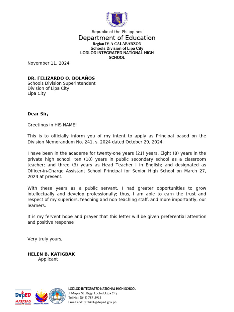 Principal Application Letter by Helen Katigbak | PDF