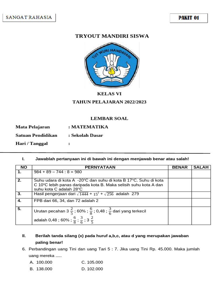 TryOut Matematika-1 | PDF