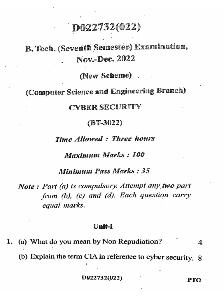 Btech Cs 7 Sem Cyber Security d022732 Dec 2022 | PDF