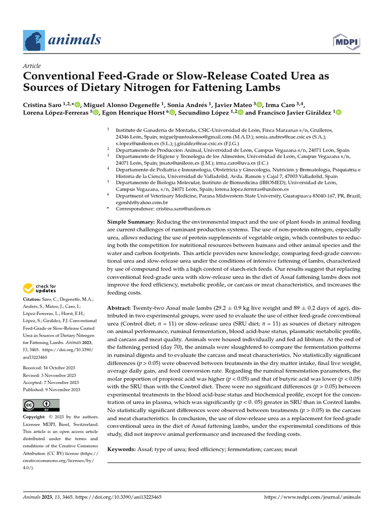 Slow Rlease Urea Animals 13 03465 v3 | PDF | Urea | Meat