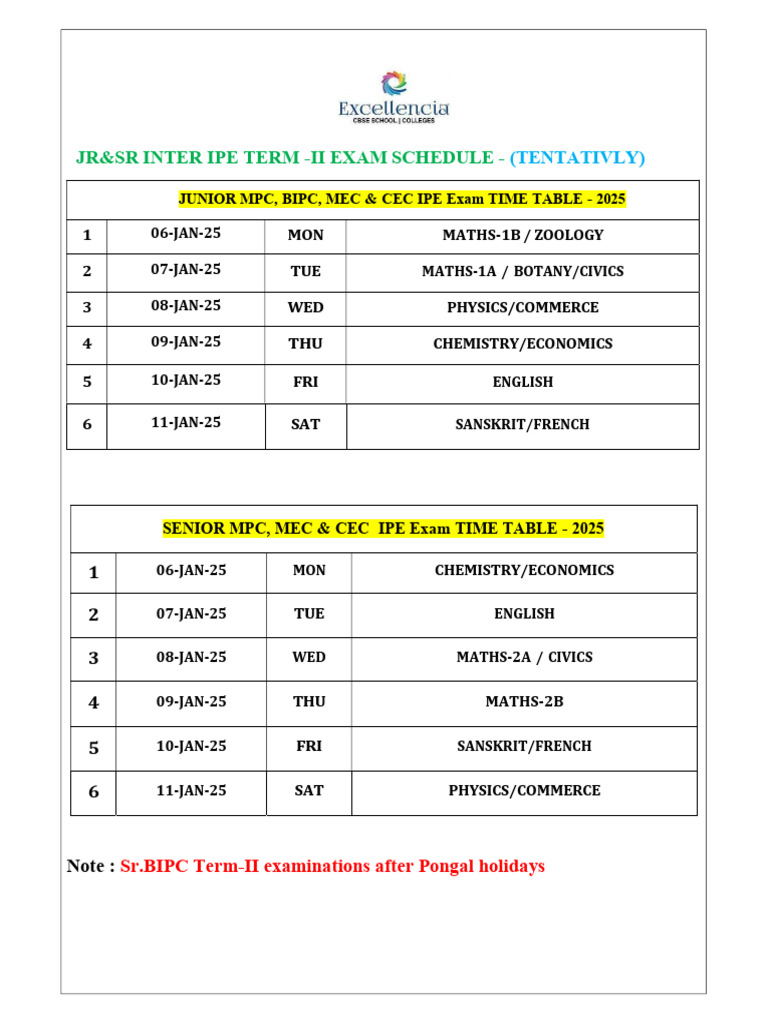 2025 IPE Exam Schedule for JR&SR | PDF