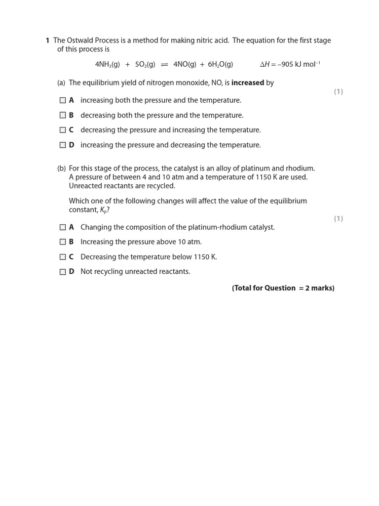 Equilibrium II (Multiple Choice) QP | PDF | Chemical Equilibrium | Methanol