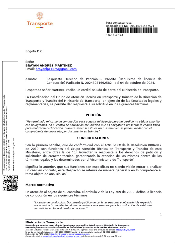 Brayan Andrés Martínez: Petición | PDF | Licencia de conducir | Documento de identidad