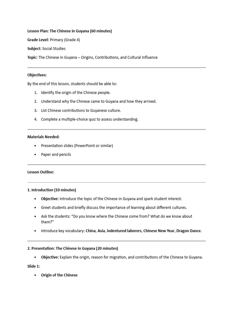 Chinese Influence in Guyana Lesson | PDF
