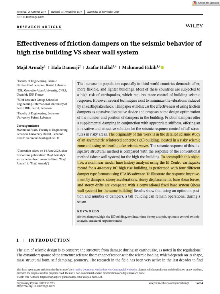 Engineering Reports - 2019 - Armaly - Effectiveness of Friction Dampers ...
