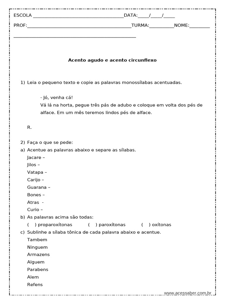 Acento-agudo-e-acento-circunflexo-3-ano-modelo-editavel | PDF