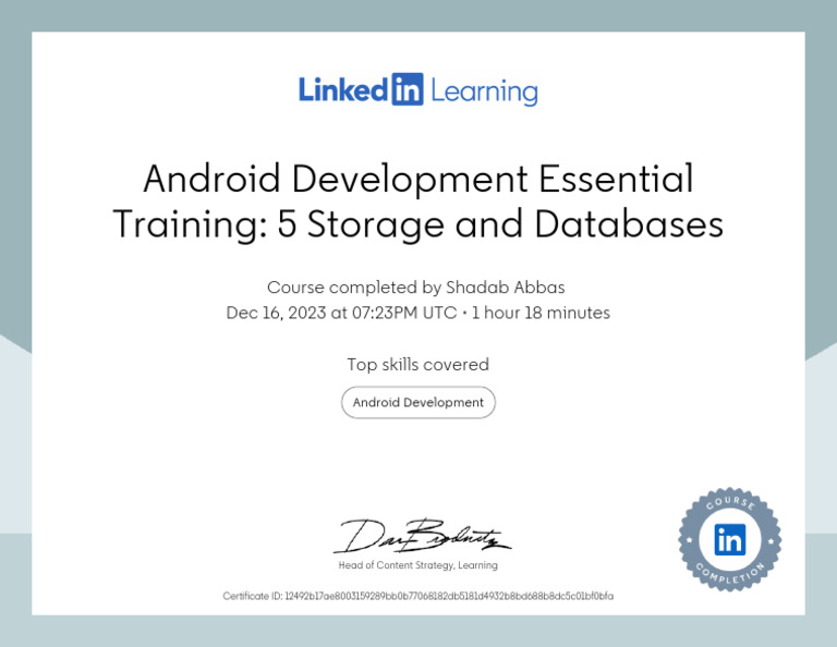CertificateOfCompletion - Android Development Essential Training 5 Storage and Databases | PDF