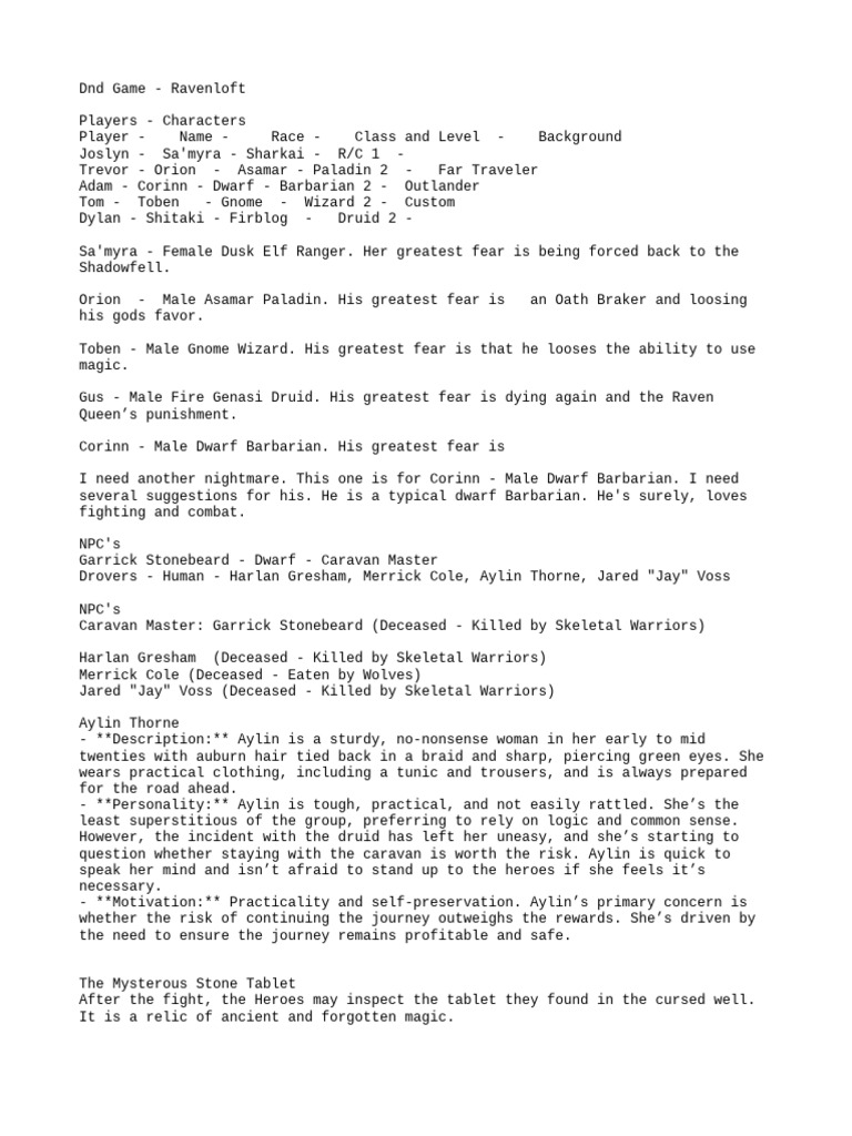 Ravenloft DnD Game Character Overview | PDF