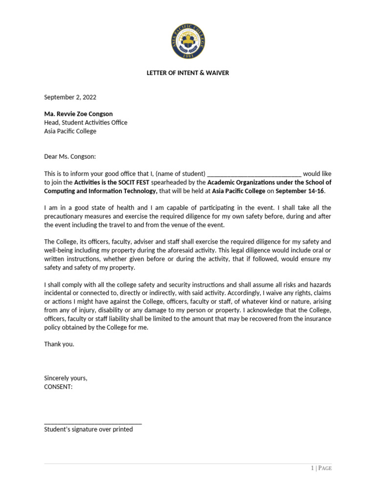 Letter of Intent and Waiver SOCIT FEST | PDF