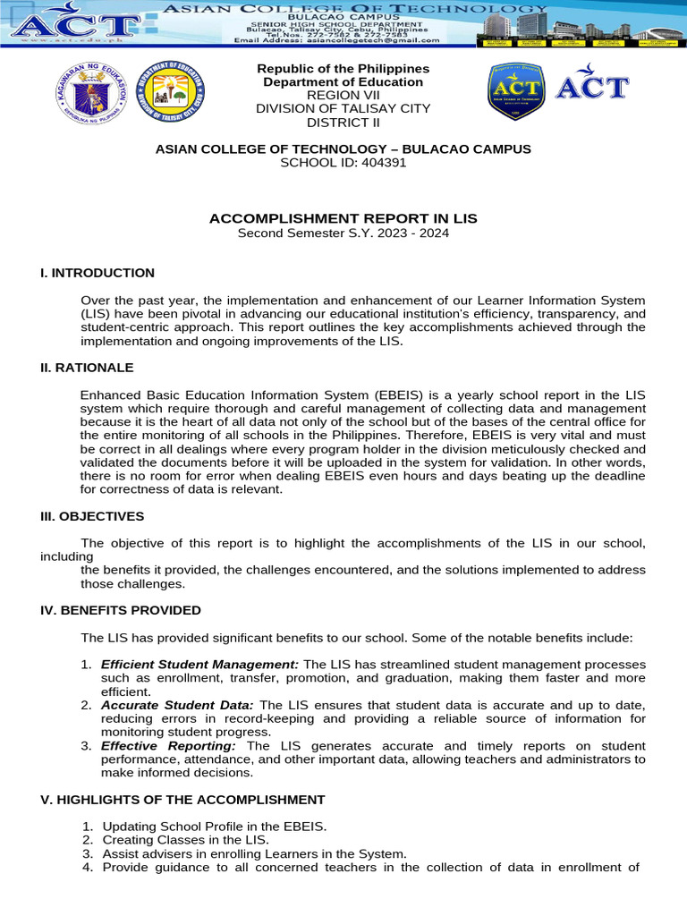 Accomplishment Report LIS 2ND SEM 2022-2023 | PDF | Information