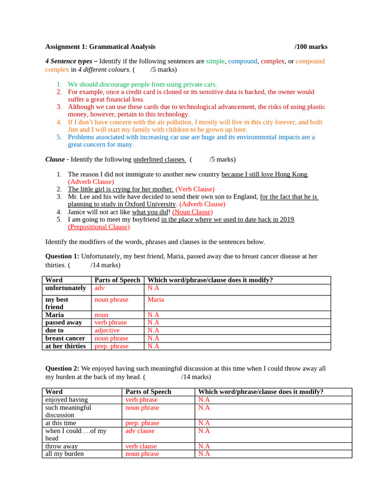 Assignment 1 (Answer Key) | PDF | Noun | Verb
