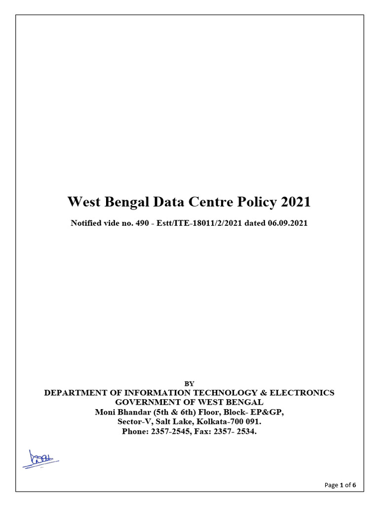 West Bengal Data Centre Policy 2021 Compressed | PDF | Data Center | Internet