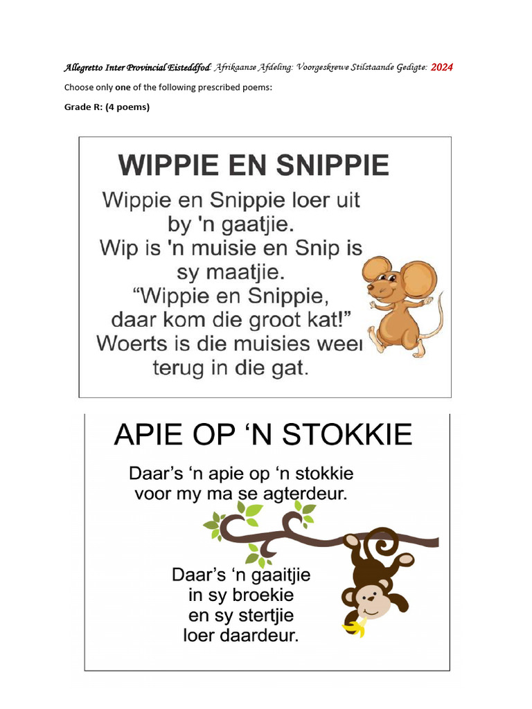 Allegretto Inter Provincial Eisteddfod Voorgeskrewe Stilstaande Gedigte ...