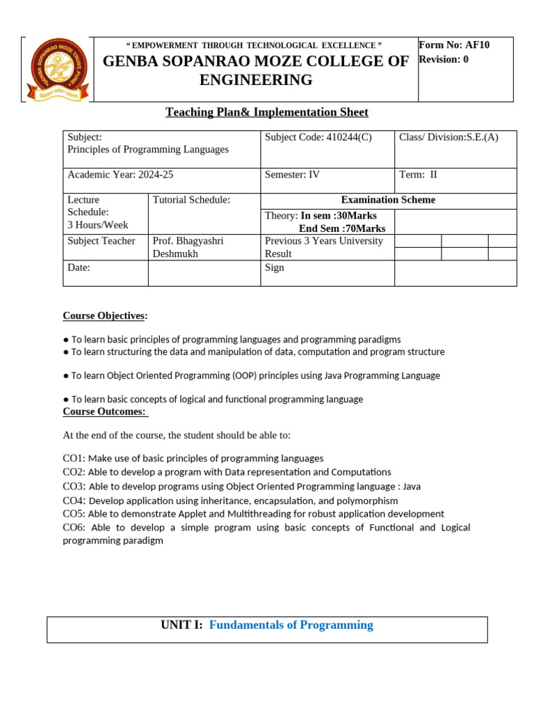 PPL Teaching Plan Div_A 24-25 Sem II | PDF | Method (Computer Programming) | Class (Computer ...