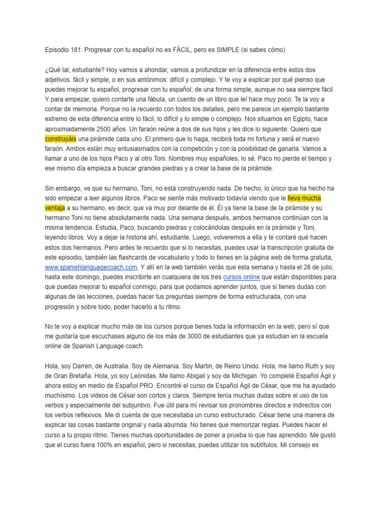 E181 Progresar Con Tu Español No Es FÁCIL Pero Es SIMPLE (Si Sabes Cómo) | PDF | Lengua española ...
