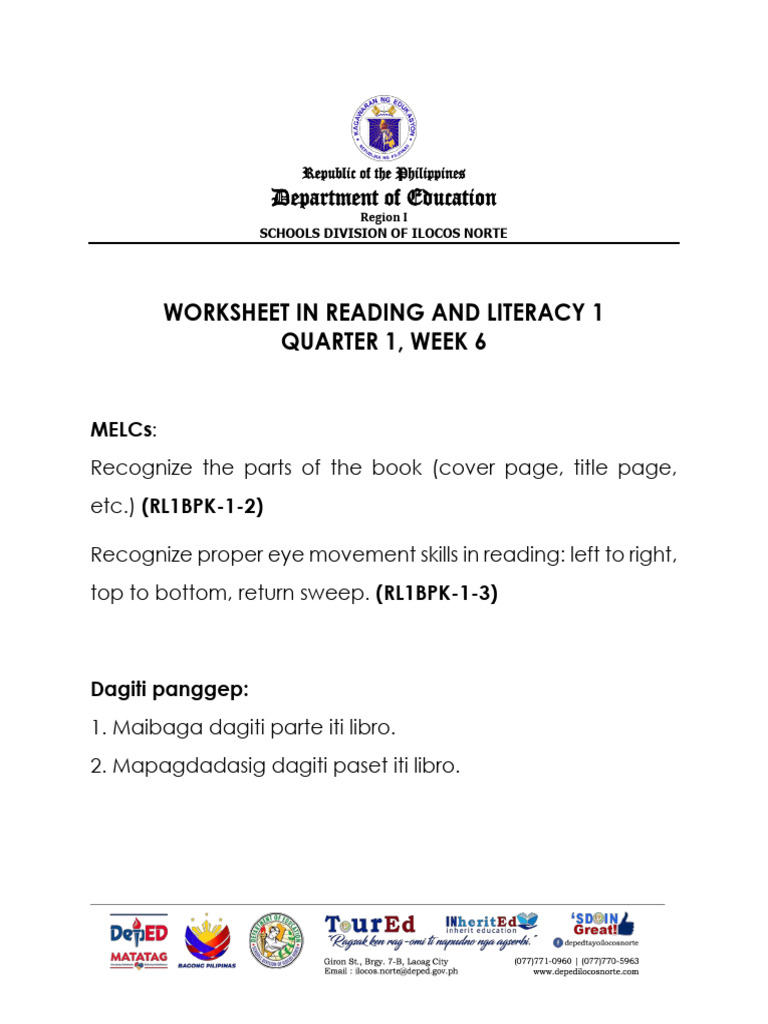 Worksheet in Reading and Literacy 1 Quarter 1, Week 6: Department of ...