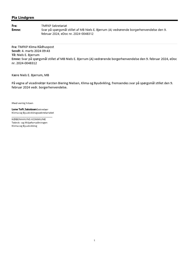 04.03.24 - Svar Til Niels E. Bjerrum (A) Om Opsigelse Af Beboerne På Bellahøj På Baggrund Af ...