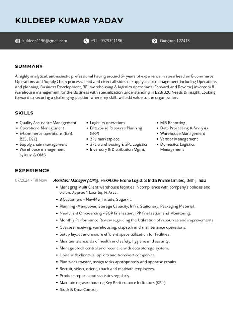 Kuldeep_Yadav_OPS_6+Years | PDF | Logistics | Warehouse