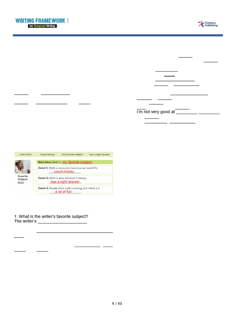 Writing Framework For Paragraph Writing 1 - Answer Key | PDF | English ...