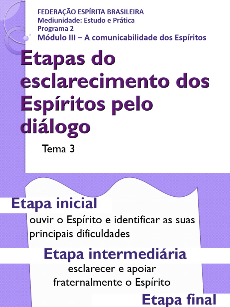 Módulo 3 Tema 3 Etapas Do Esclarecimento Dos Espíritos Pelo Diálogo | PDF